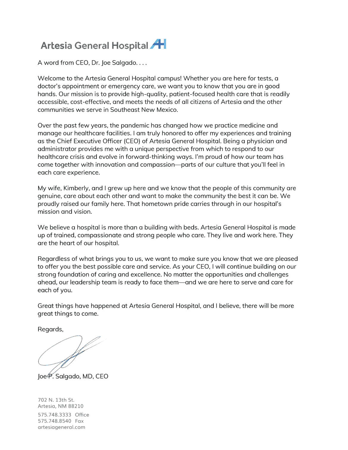 Welcome Letter - Artesia General Hospital
