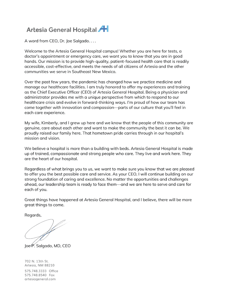 Welcome Letter - Artesia General Hospital